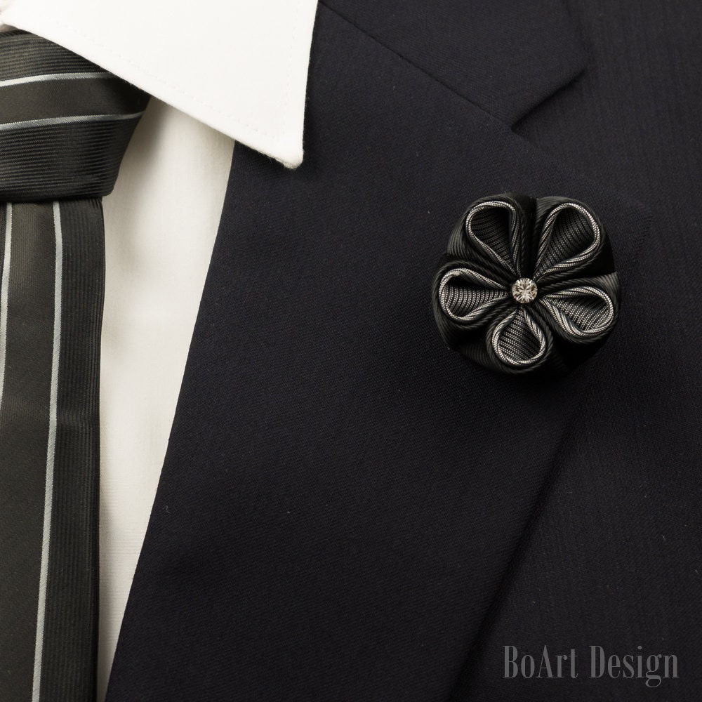 Black/black Striped Kanzashi Flower Lapel Pin With Swarovski Clear ...