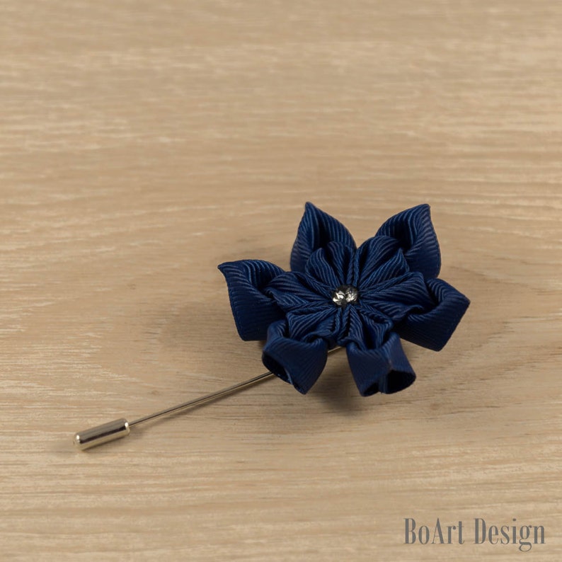 Navy Blue Kanzashi Lapel Stick Pin With Swarovski Silver Night Crysta ...