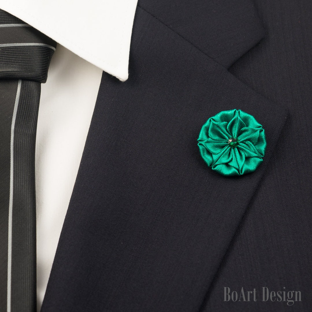 Emerald Green Kanzashi Flower Lapel Pin/ Swarovski Emerald Crystal ...
