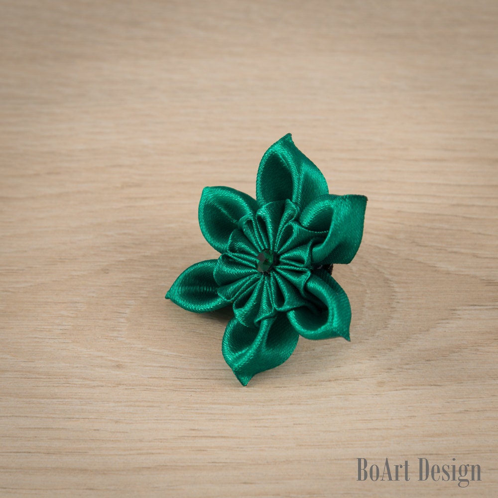 Lapel Pin/emerald Green Kanzashi Flower Lapel Pin/ Swarovski - Etsy