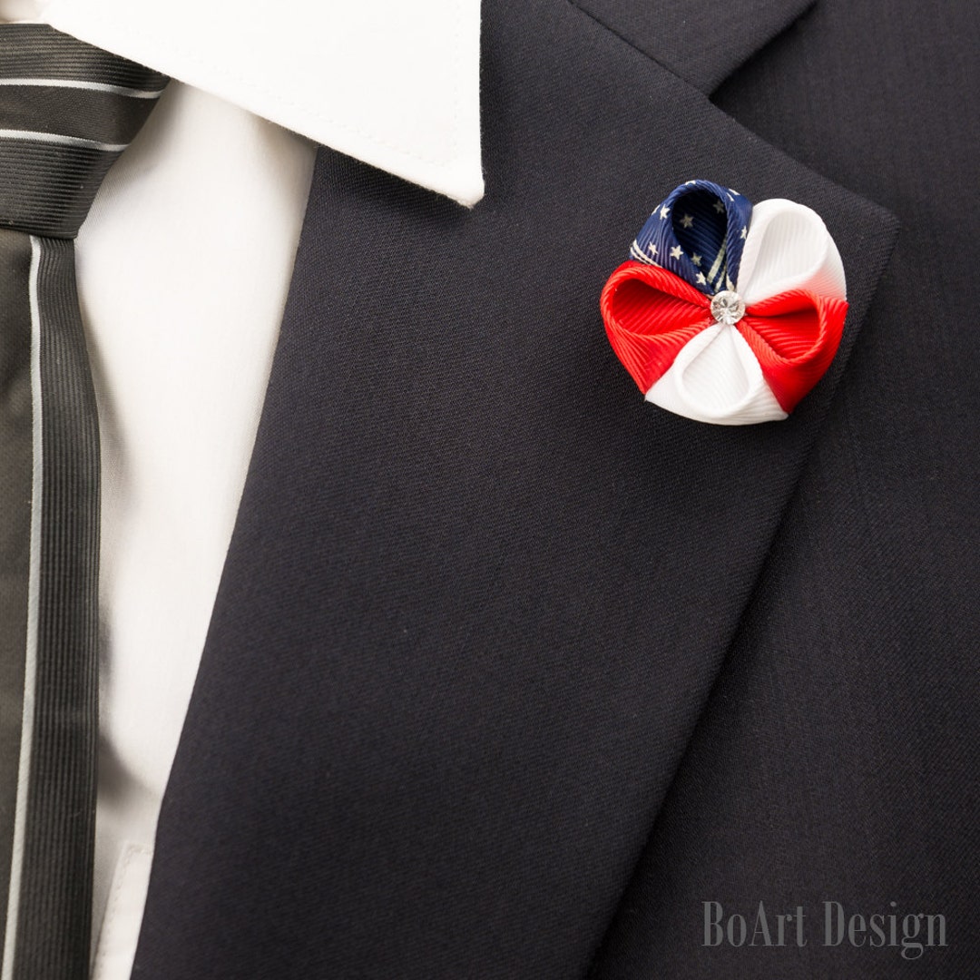Patriotic Lapel Pin/ Kanzashi Flower Lapel Pin With Swarovski Clear ...