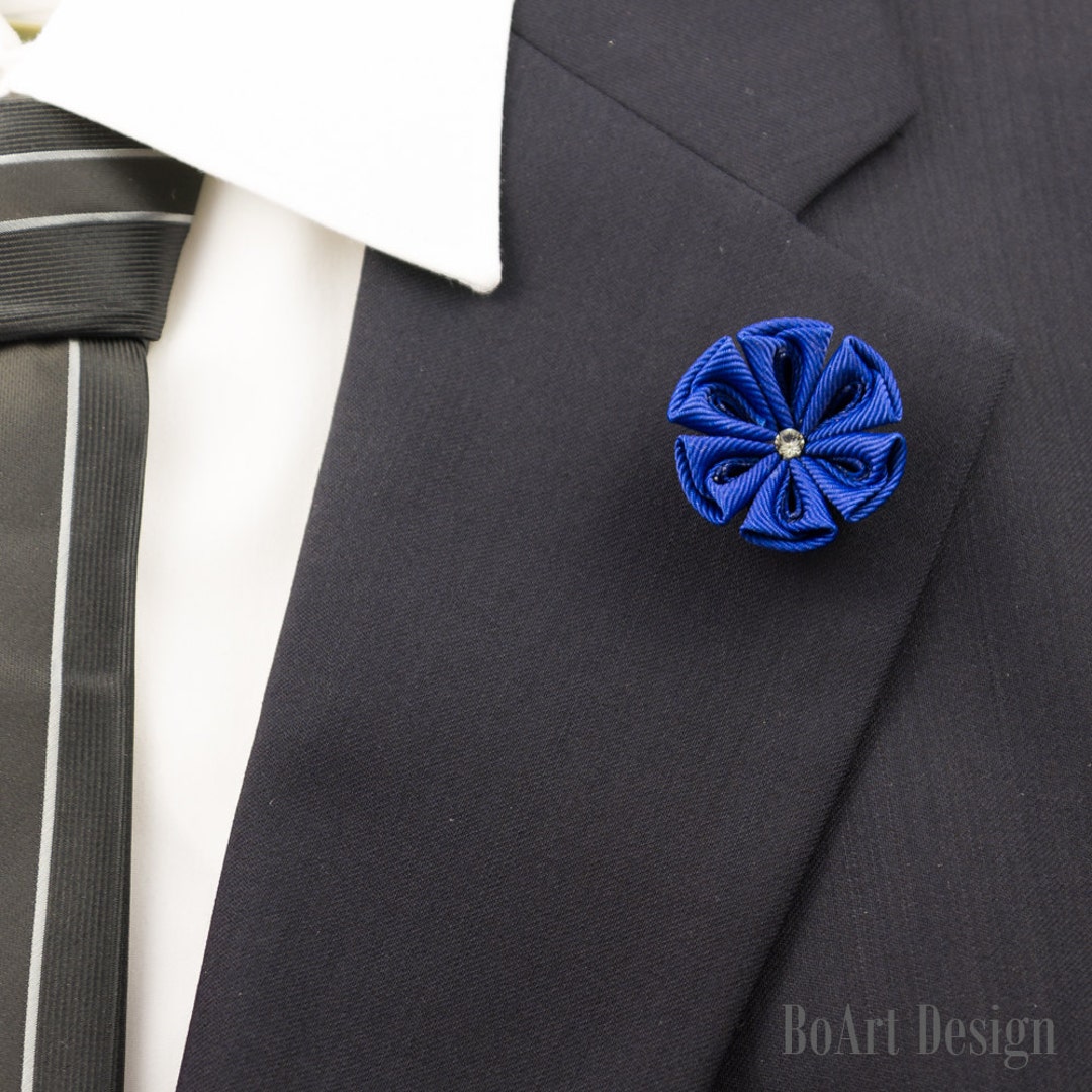 Dark Blue Kanzashi Flower Lapel Pin With Swarovski Silver Night Crystal ...