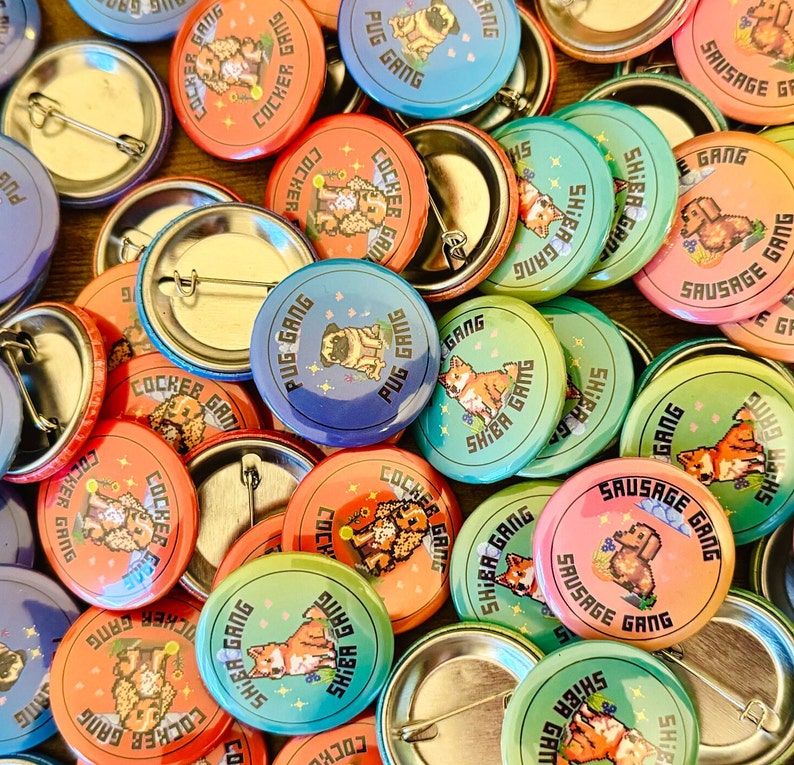 Dog Gang Pixel Art Button Badge | Shiba Inu | Cocker Spaniel | Sausage ...