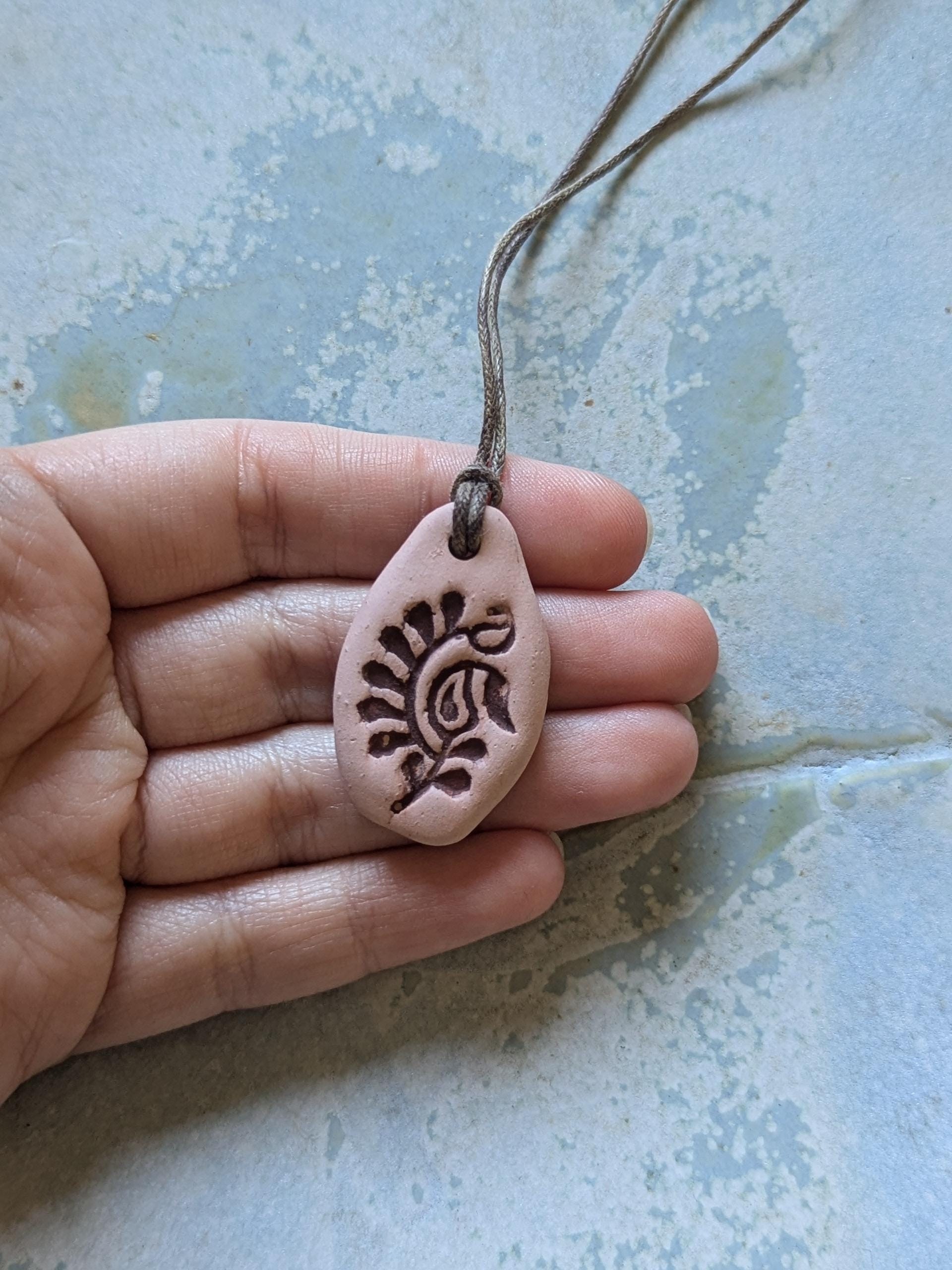 Clay Necklace, Essential Oil Diffuser Pendant, Woodblock Print ...