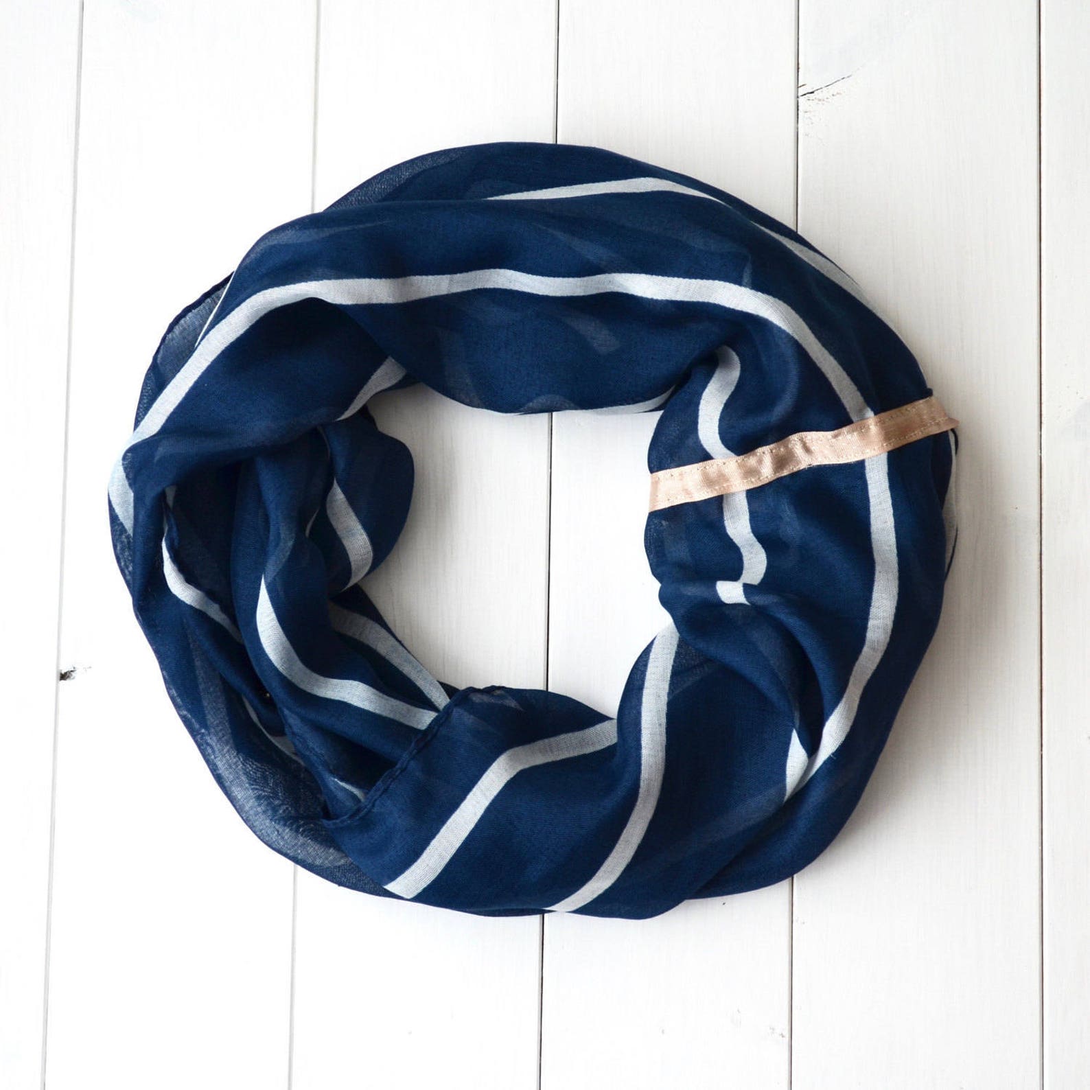 Ocean Blue Stripe Infinity Scarf With Gold Trim | Ocean Blue Scarf ...