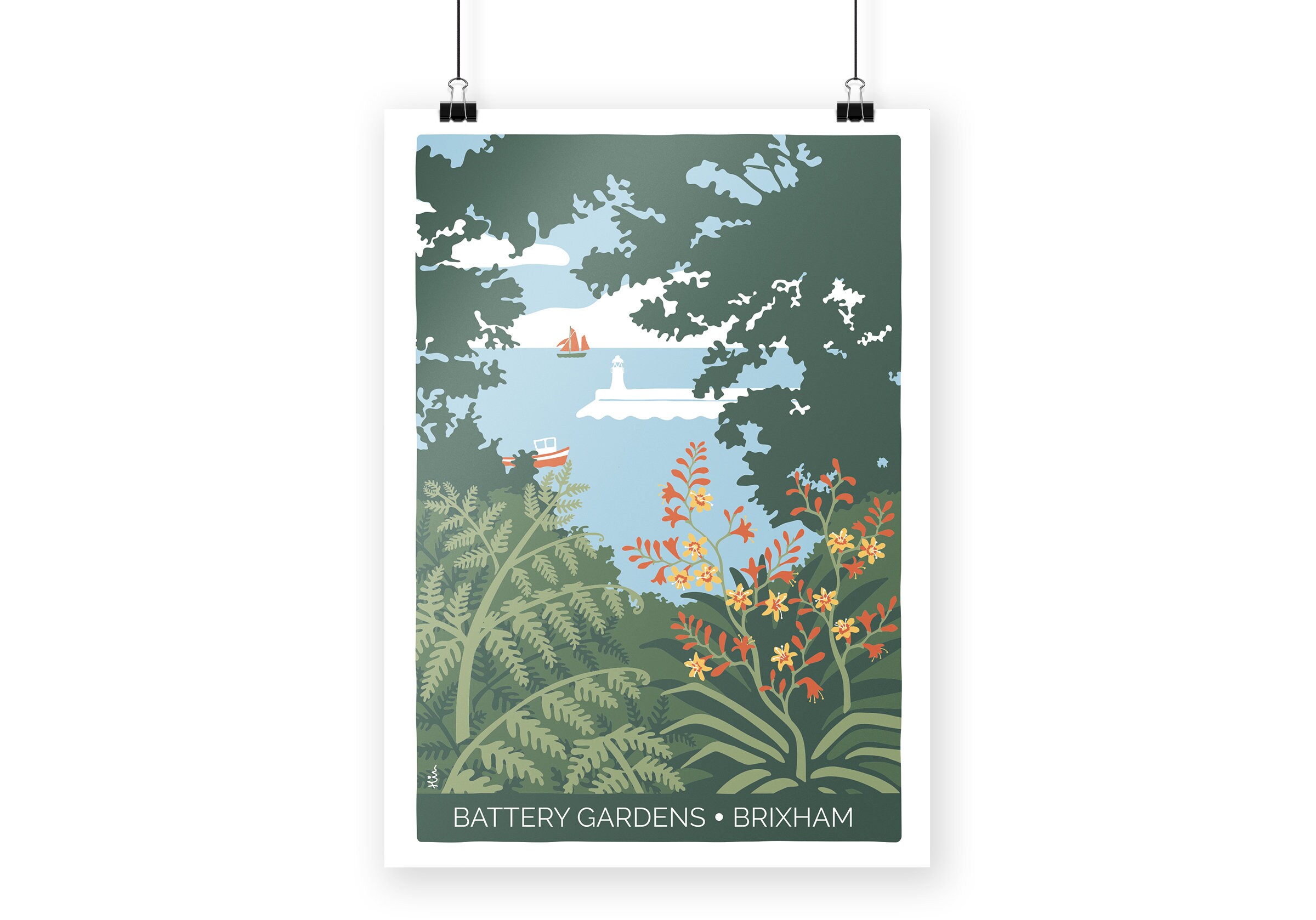 Nature Print of Brixham in Devon, Coastal Illustration With Lighthouse ...