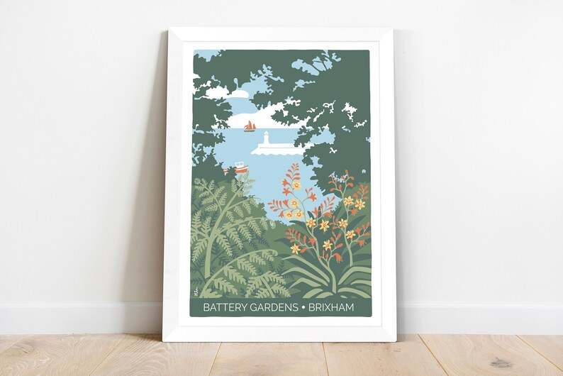Nature Print of Brixham in Devon, Coastal Illustration With Lighthouse ...