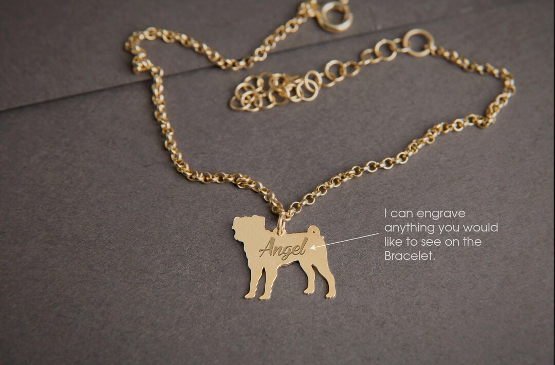 PUG Personalised Tiny Silver Bracelet - Pug Bracelet - 925 Sterling ...