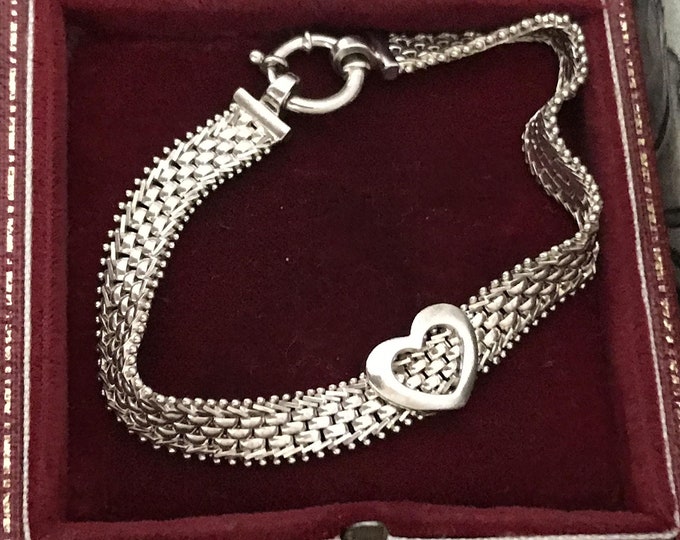 Vintage Solid Sterling Silver BRACELET MEXICO HEART Band Balls Flexible ...