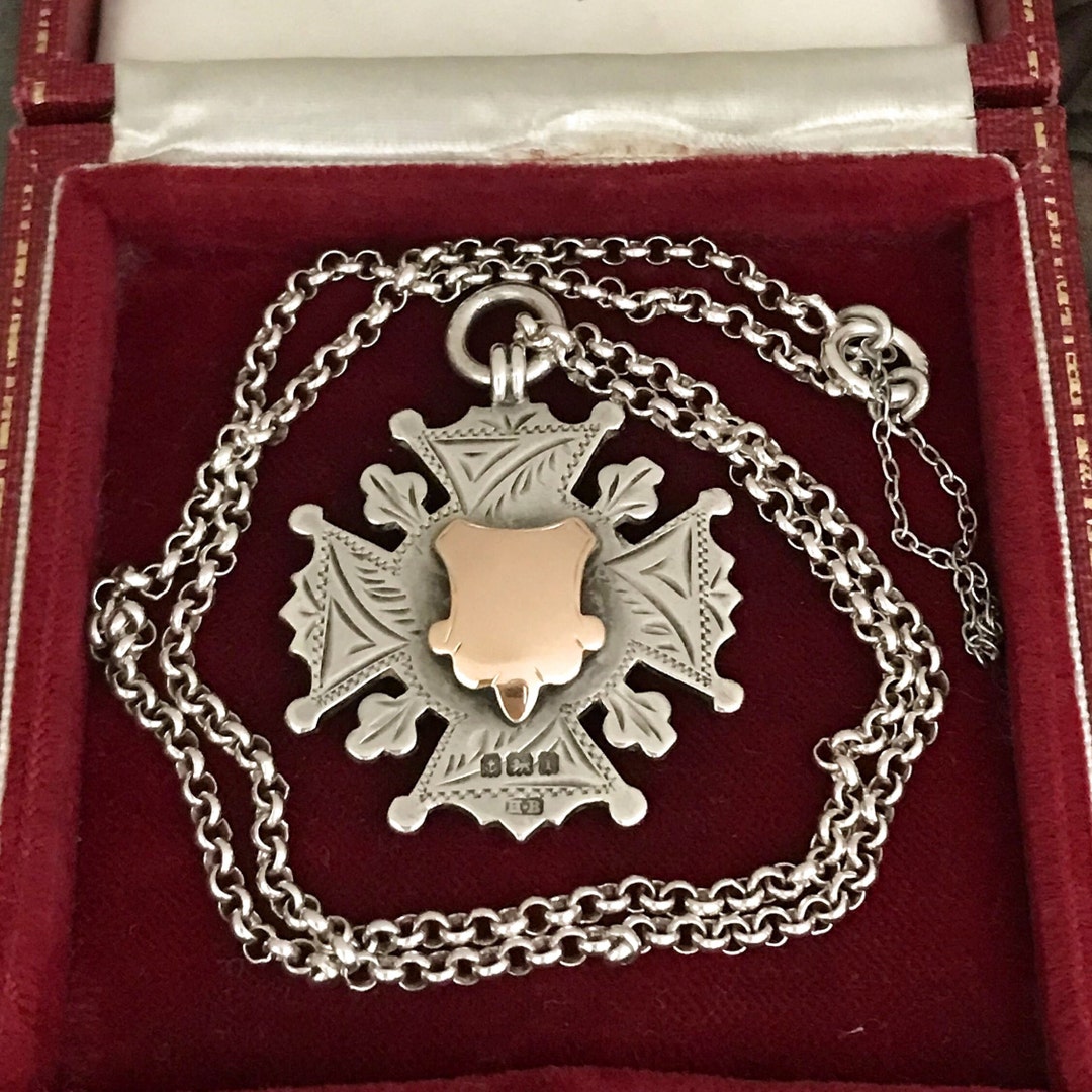 Victorian Sterling Silver Shield Medal PENDANT W Rose Gold Decor ...