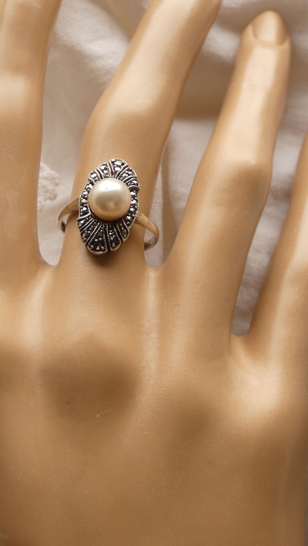 Art Deco PEARL & Marcasite RING Solid Sterling Silver 935 Hallmark ...