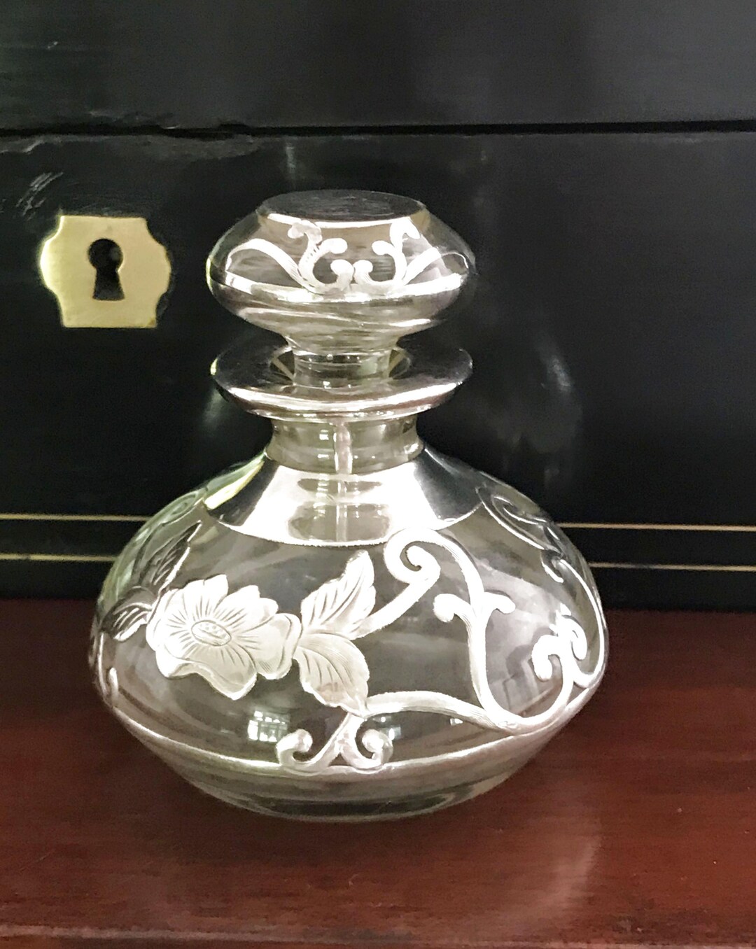 VICTORIAN Perfume BOTTLE Sterling Silver Overlay & Glass Ornate Art ...