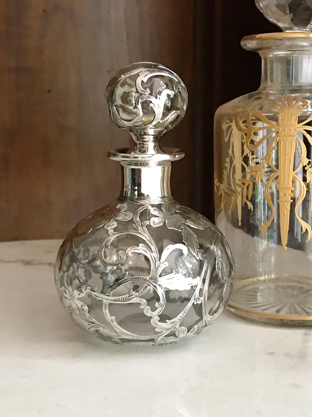 VICTORIAN Perfume BOTTLE Extra Large 999 Solid Sterling Silver Overlay ...