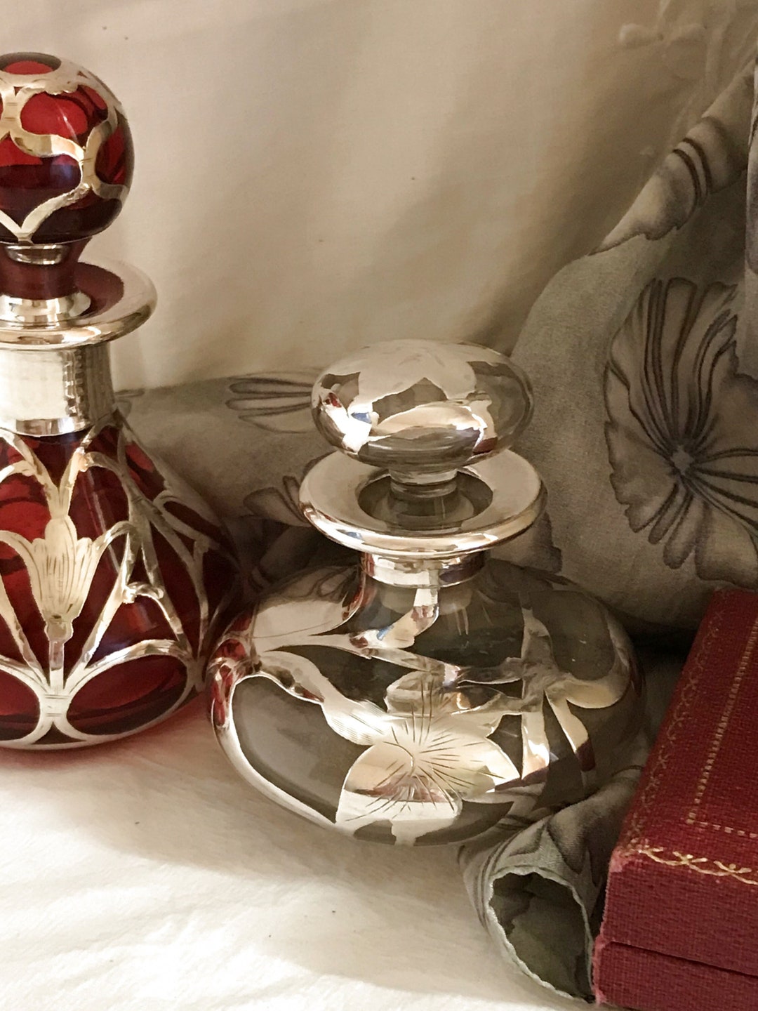 Antique VICTORIAN Perfume BOTTLE Solid Sterling Silver Overlay & Glass ...