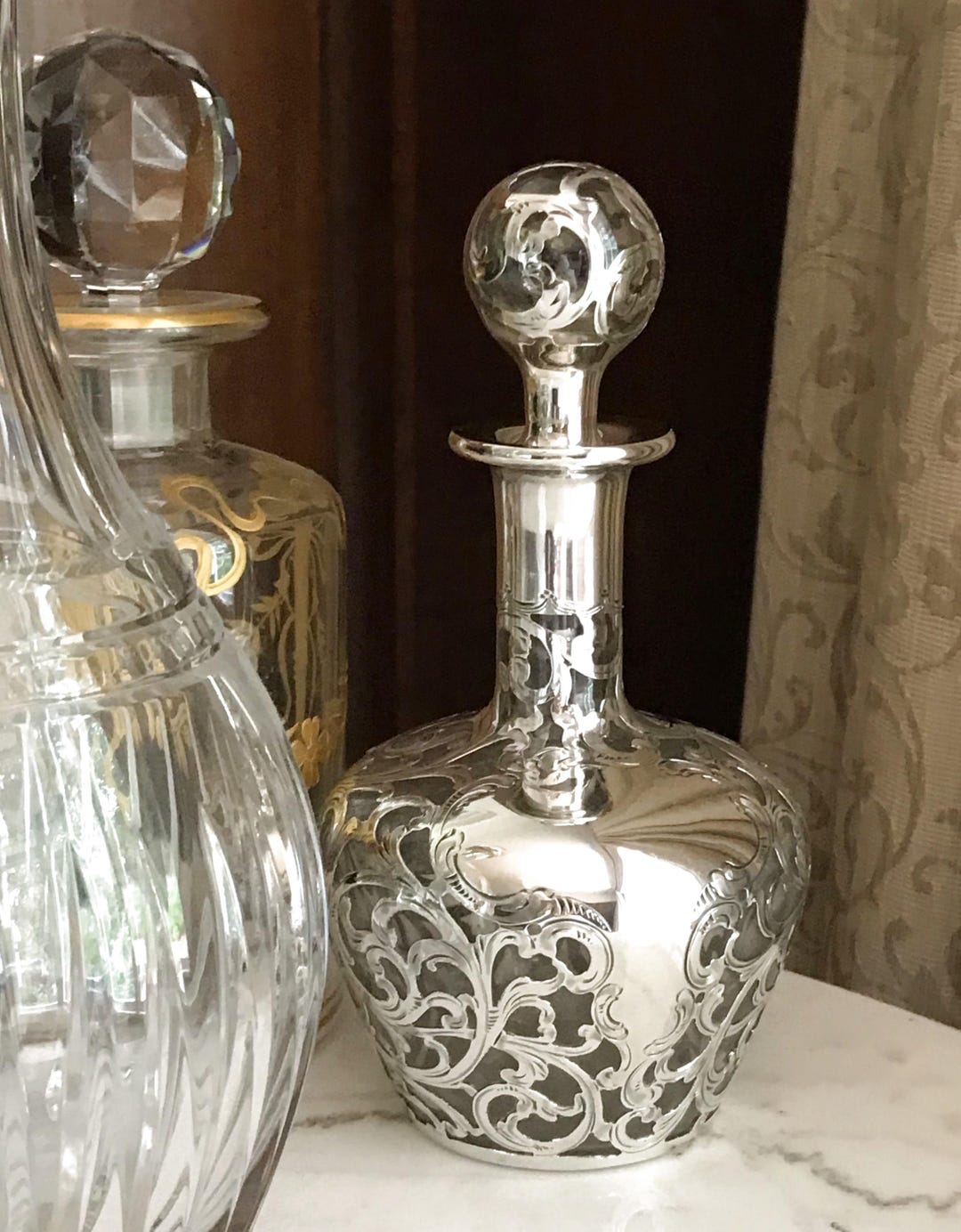 VICTORIAN Perfume BOTTLE Extra Large Solid Sterling Silver Overlay 999 ...