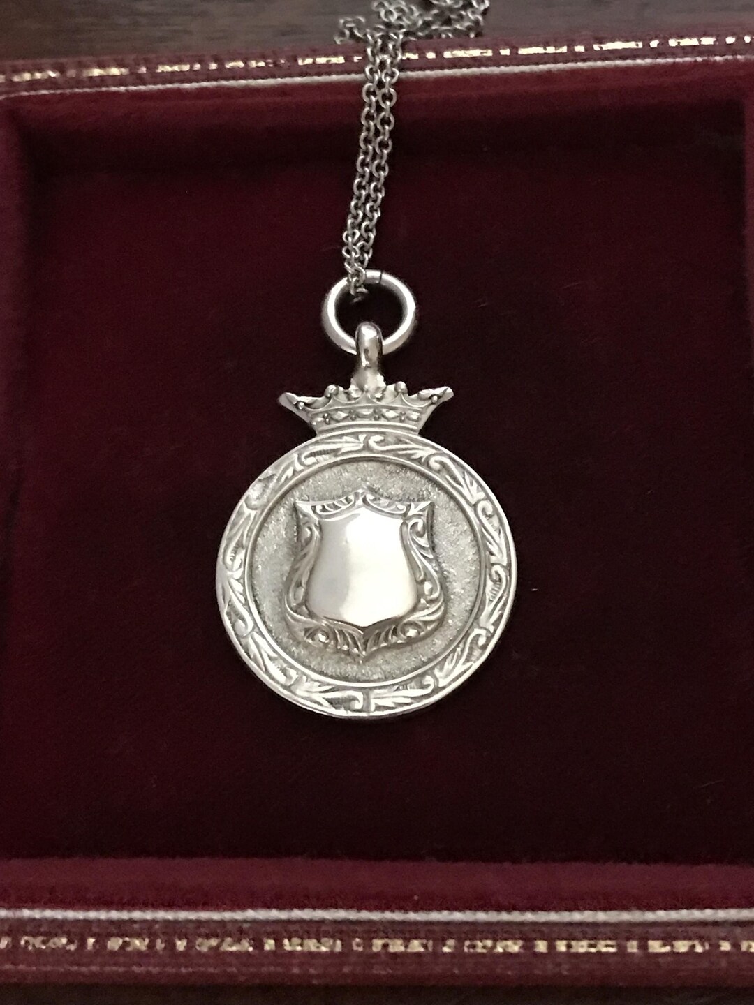 Victorian Sterling Silver CROWN SHIELD Medal PENDANT Fob Art Nouveau ...