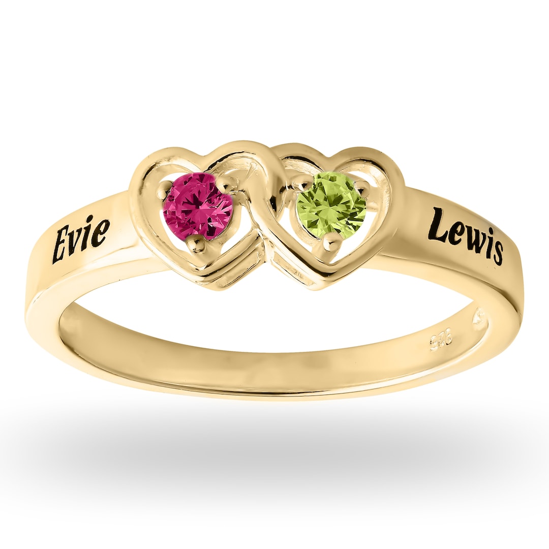 Personalised Double Heart Birthstone Ring With 2 Name's - Etsy Hong Kong