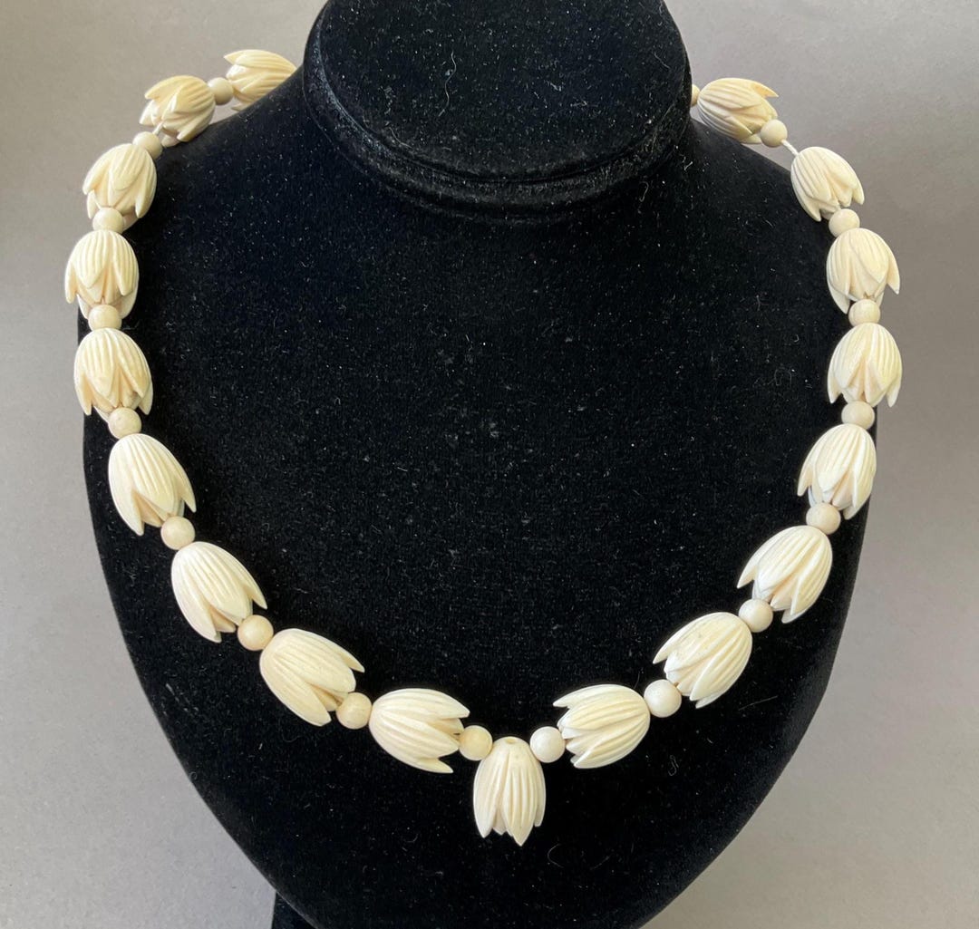 Ming Flowered Pikake Carved Bone Bead Necklace - Etsy