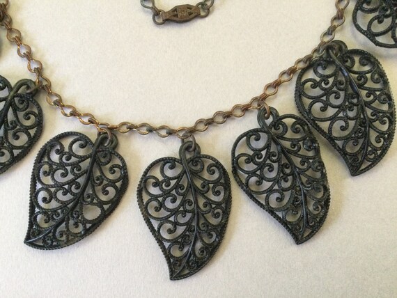 Celluloid Black Lace Filigree Leaf and Brass Chain Ne… - Gem