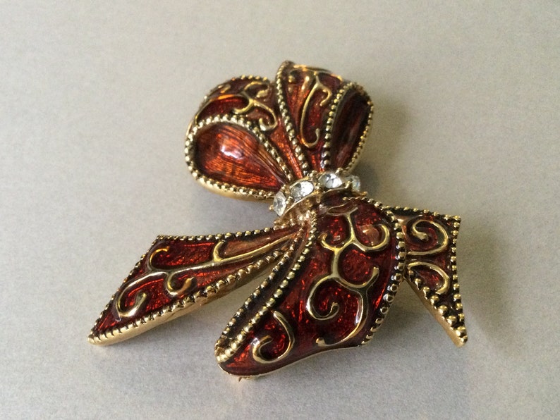Monet Gold Tone Red Enamel Rhinestone Bow Pin/brooch - Etsy