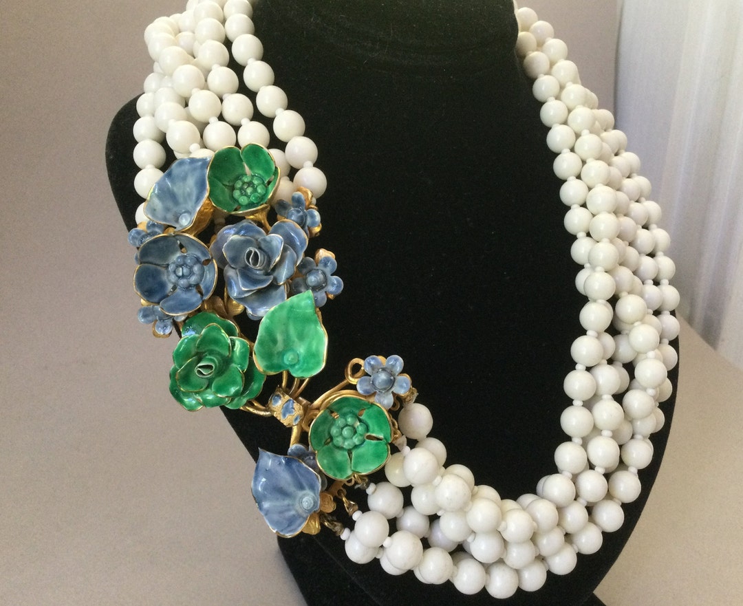 Sandor White Multi-strand Bead and Enamel Flower Fascinator Torsade ...