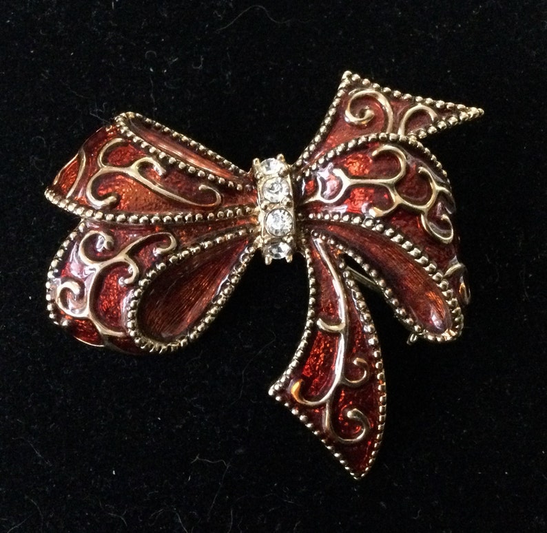 Monet Gold Tone Red Enamel Rhinestone Bow Pin/brooch - Etsy