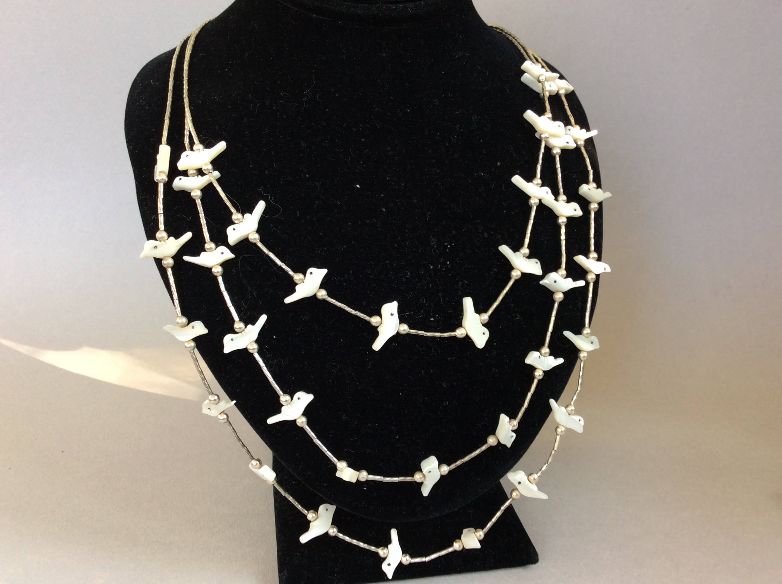 Vtg Liquid Silver Bird Fetish Beaded Necklace Multi Strand Carved Shell ...