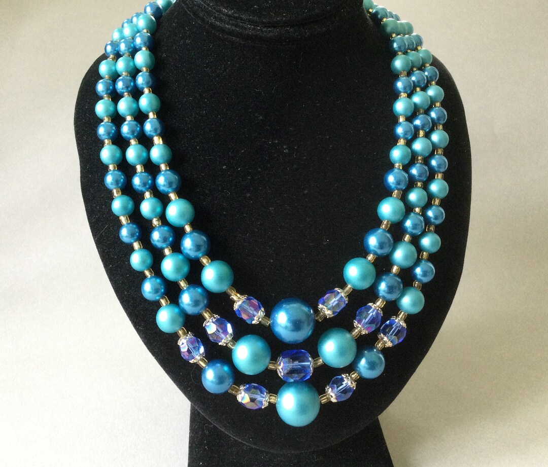 Japan Blue Triple Strand Graduated Blue Bead and Crystal Hook Clasp - Etsy