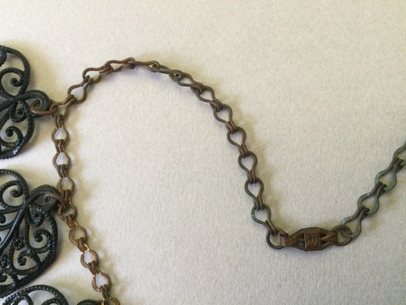 Celluloid Black Lace Filigree Leaf and Brass Chain Ne… - Gem