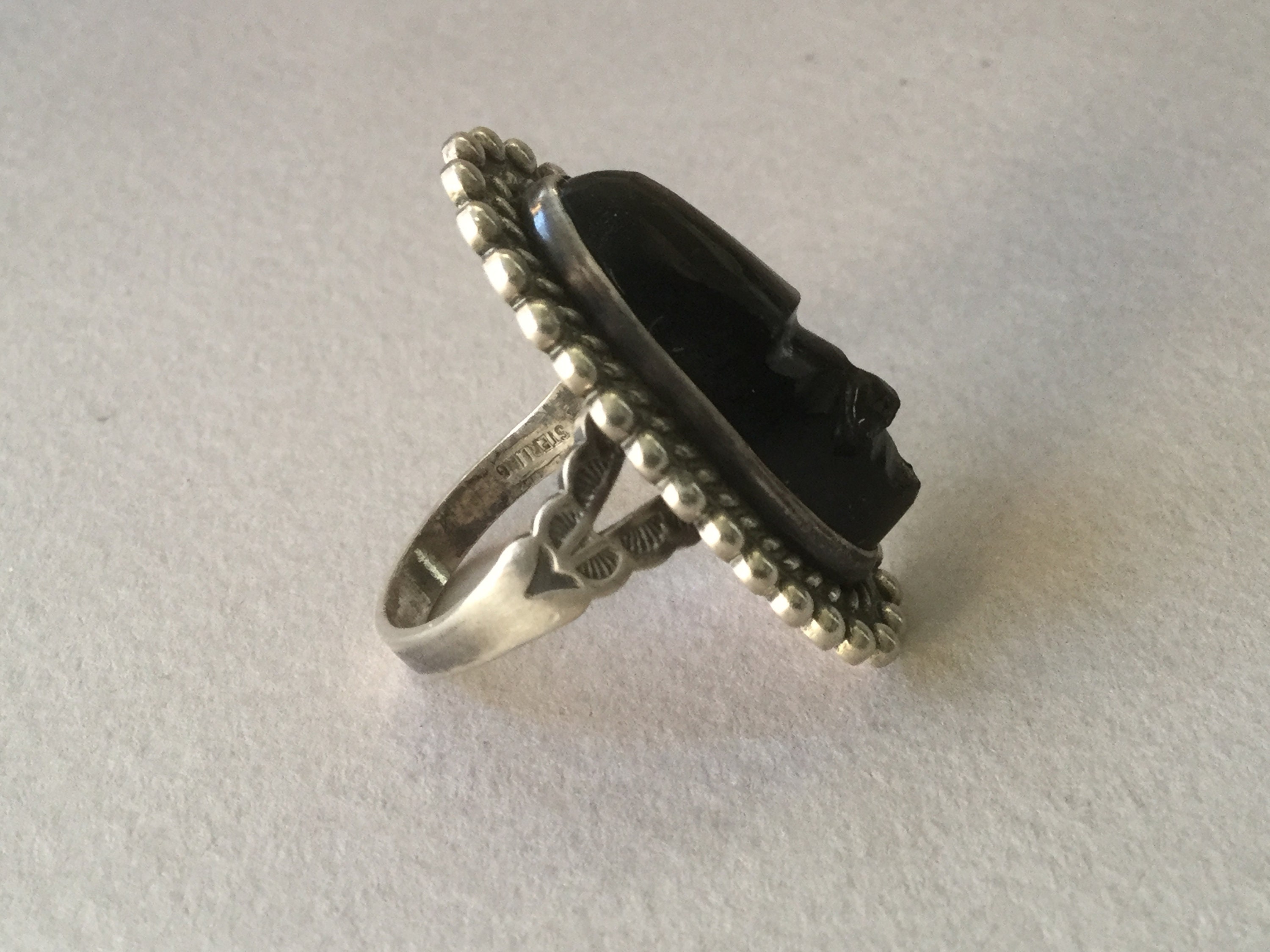 Sterling Silver Black Onyx Carved Tiki Ring 5 1/4 | Etsy