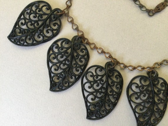 Celluloid Black Lace Filigree Leaf and Brass Chain Ne… - Gem