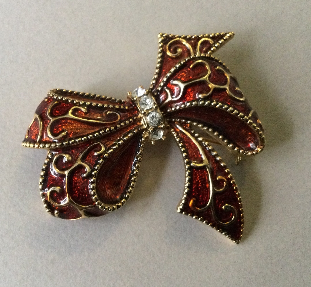 Monet Gold Tone Red Enamel Rhinestone Bow Pin/brooch - Etsy