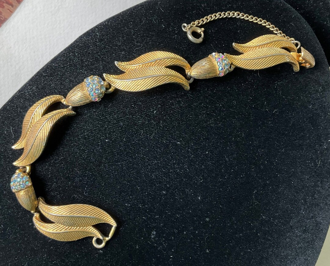 Schiaparelli Gold Plate Leaf and Rhinestone Acorn Double Link Bracelet ...