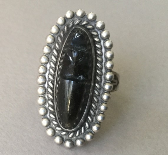 Sterling Silver Black Onyx Carved Tiki Ring 5 1/4 | Etsy