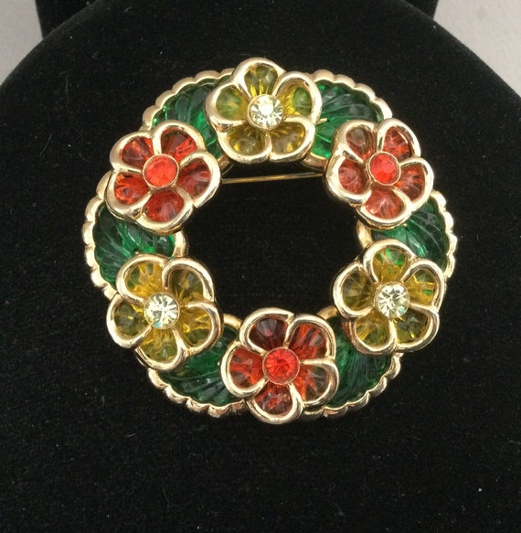 Coro Gold Tone Circle Poured Glass Flower Wreath Broo… - Gem