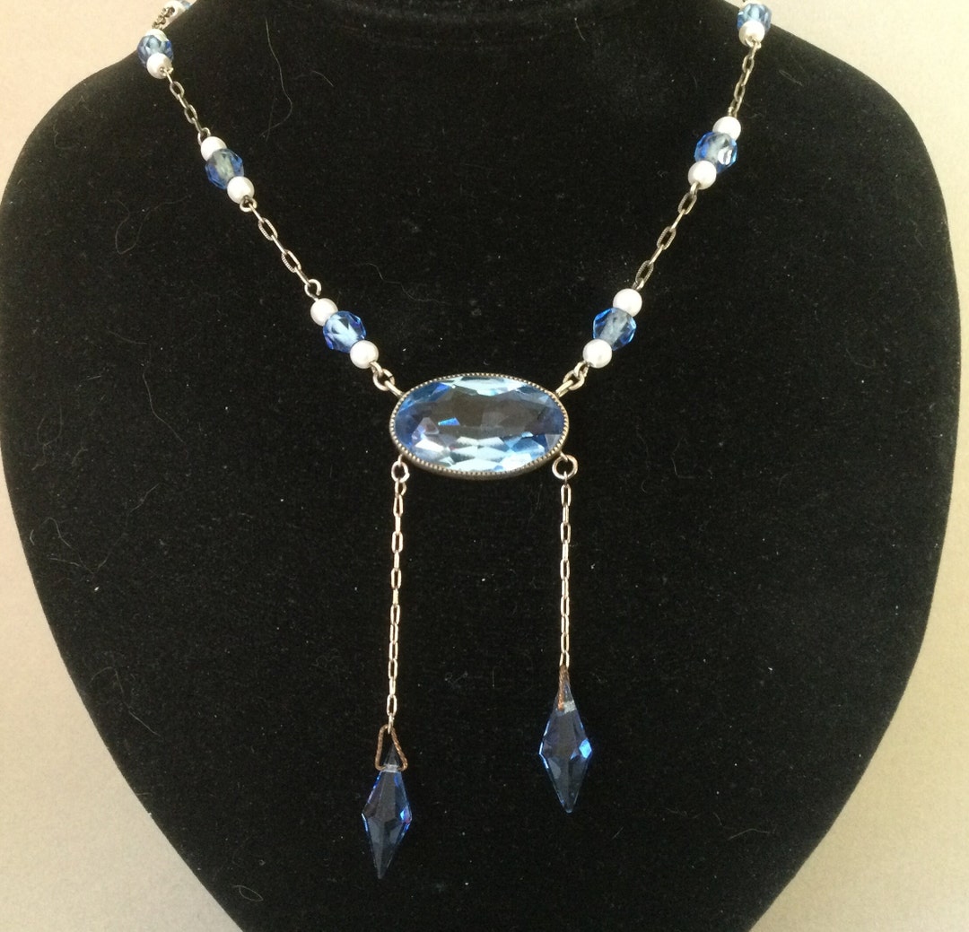 1920s Flapper Necklace: Sterling Silver, Blue Glass & Faux Pearl ...