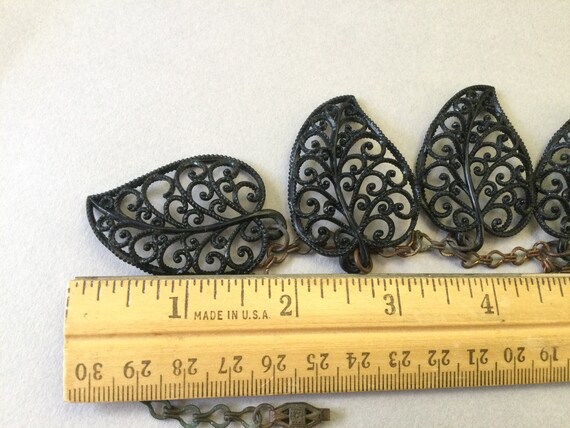 Celluloid Black Lace Filigree Leaf and Brass Chain Ne… - Gem
