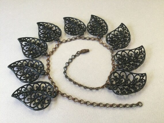 Celluloid Black Lace Filigree Leaf and Brass Chain Ne… - Gem