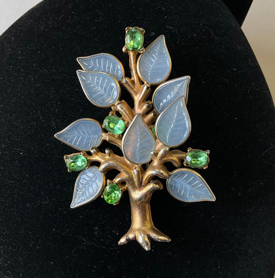 Trifari Alfred Philippe Pale Blue Molded Glass Tree Green Rhinestone ...