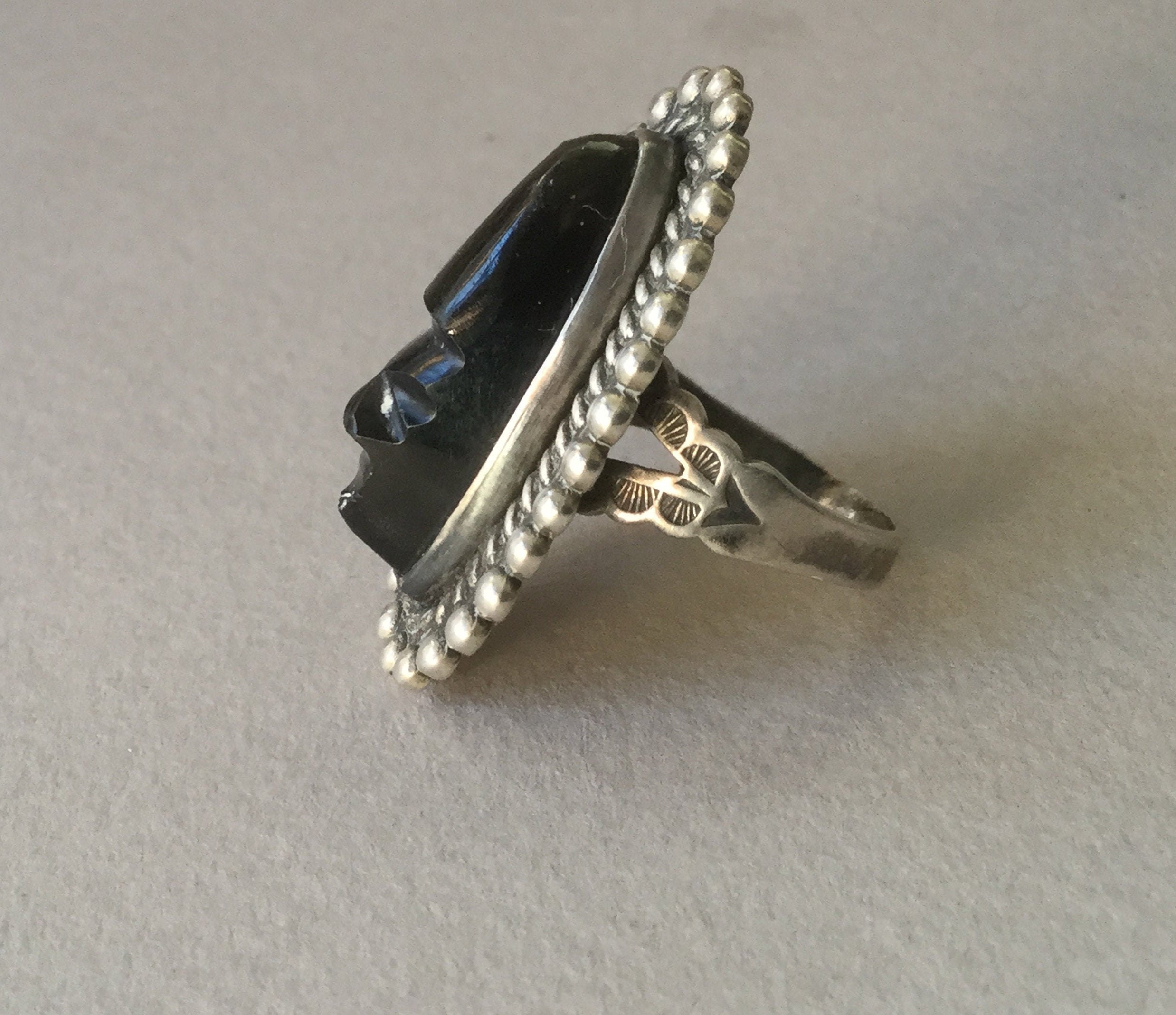 Sterling Silver Black Onyx Carved Tiki Ring 5 1/4 | Etsy