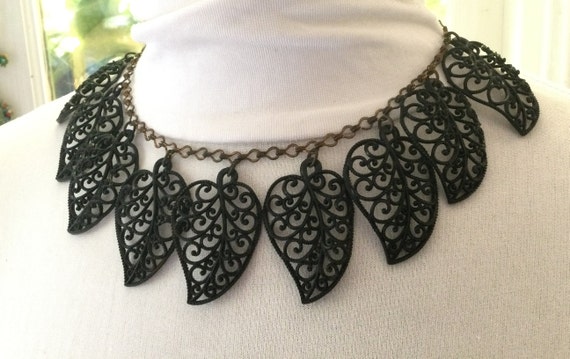 Celluloid Black Lace Filigree Leaf and Brass Chain Ne… - Gem