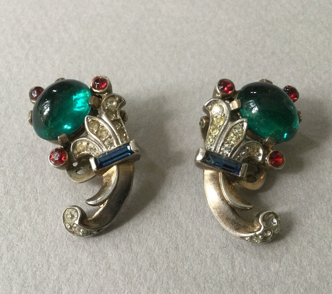 Rare* Trifari "talisman" Sterling Silver Gilt Green Poured Gripoix ...