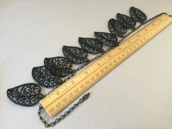 Celluloid Black Lace Filigree Leaf and Brass Chain Ne… - Gem