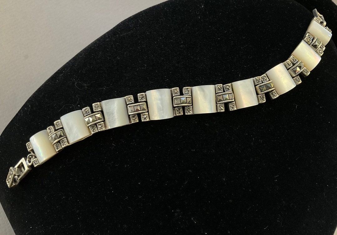 Sterling Silver Marcasite Mother of Pearl Link Bracelet - Etsy
