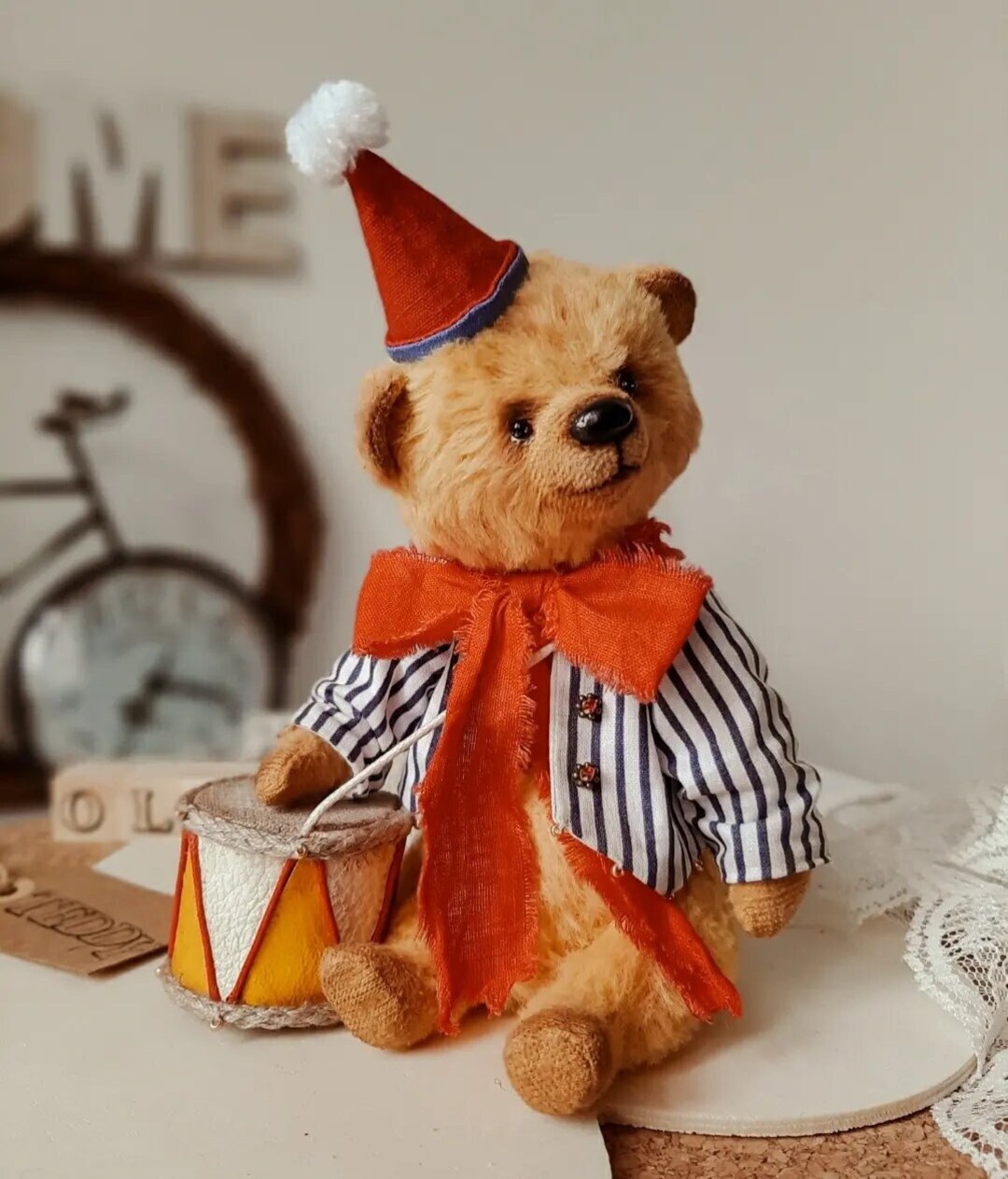 MADE TO ORDER, Teddy Bear Clown With a Drum, Сircus Yellow Teddy Bear ...