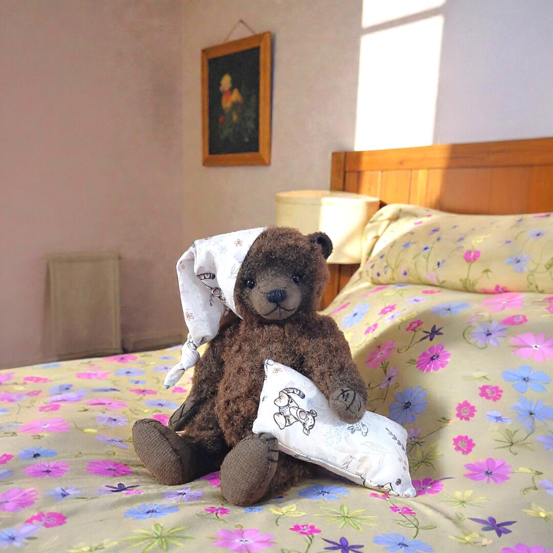 Brown Sleepy Teddy Bear OOAK 20 Cm Handmade Artist Teddy With Nightcap ...