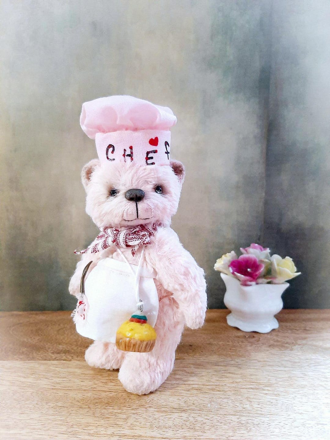 Miniature Pink Handmade Chef Teddy Bear, Collectible Artist Bear, 10 Cm ...