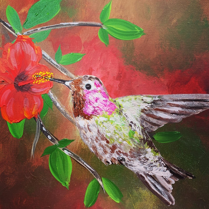 Colibrí Pintura acrílica original 16x20 Lienzo | Etsy