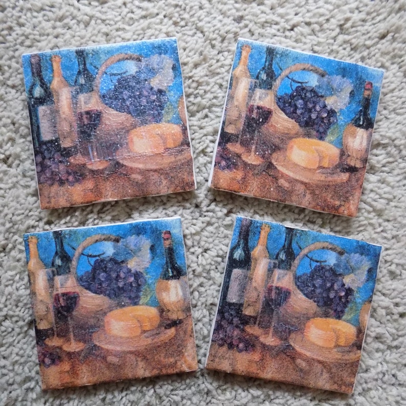 Wine and Cheese Ceramic Tile Coasters Set of 4 | Etsy