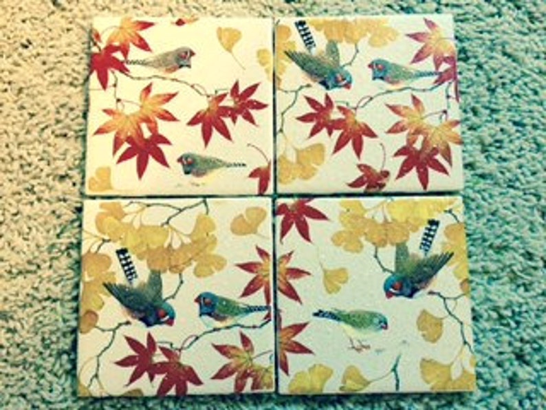 Color Autumn Leaves and Birds Ceramic Tile Coasters set of 4 - Etsy